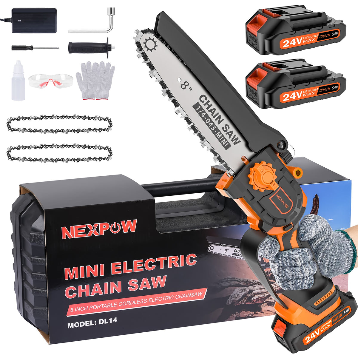 NEXPOW 8" Mini Chainsaw,24V Cordless Handheld Electric Power Chain saw