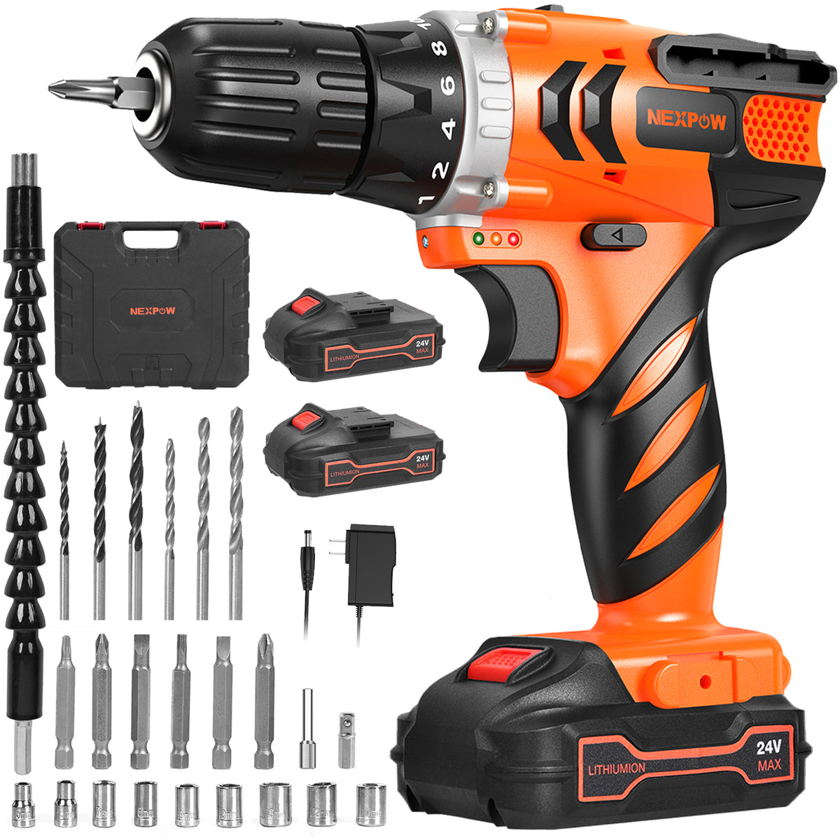 NEXPOW 24V Cordless Drill-Brushless Power Drill Set, 3/8" Keyless Chuc